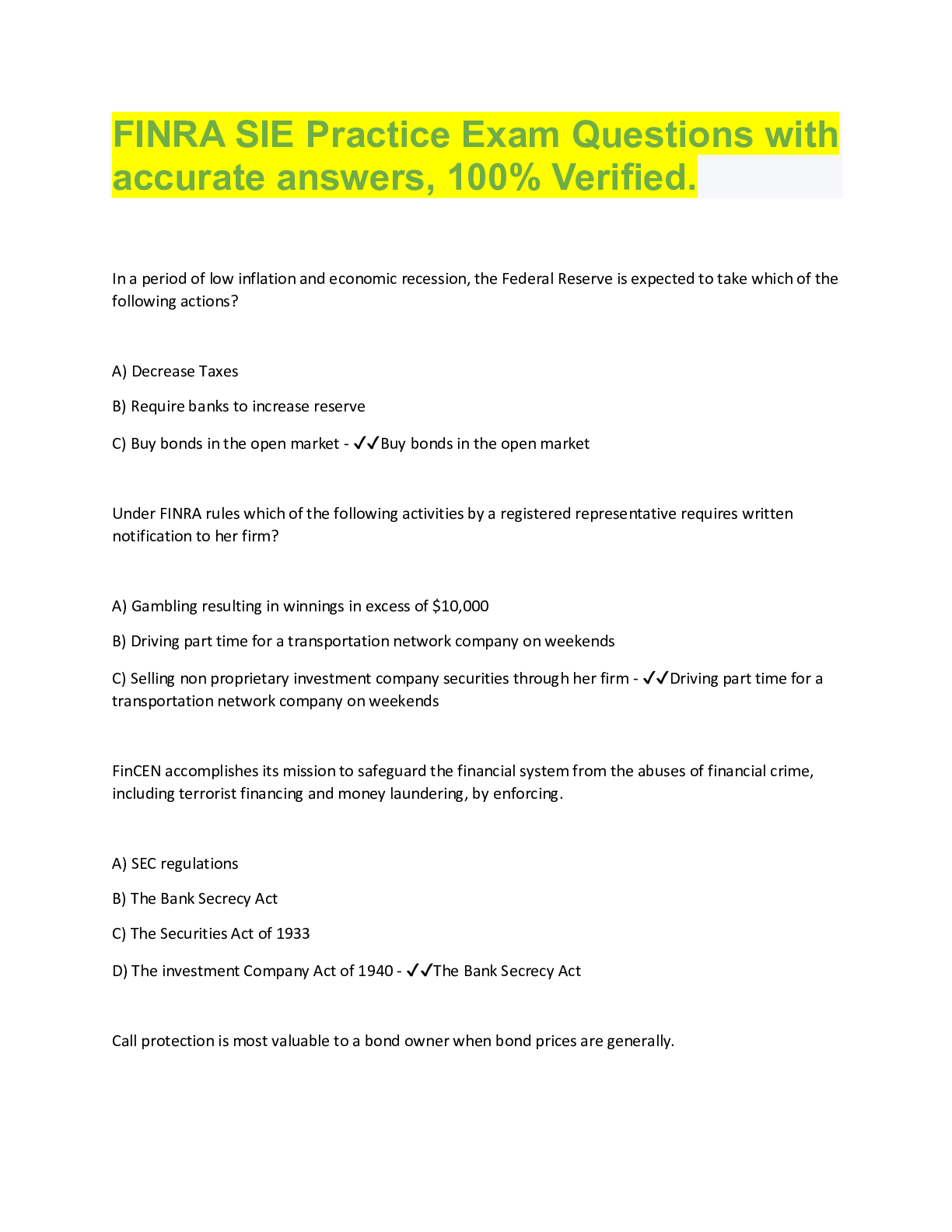 FINRA SIE Practice Exam Questions with accurate answers, 100% Verified. - Scholarfriends